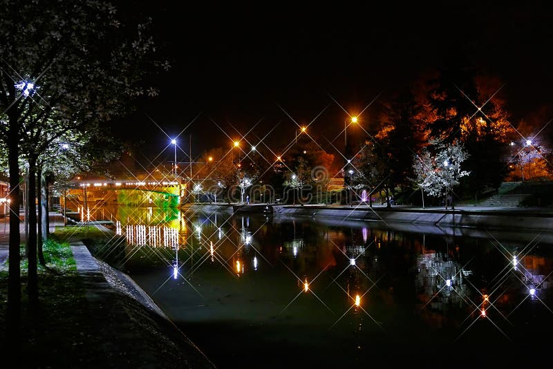 Night View of the Illuminated River Bega in Timisoara Editorial Stock ...