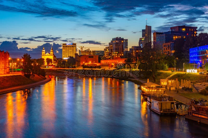 Night View of the Illuminated Riverside of the Neris River in Vi Stock ...