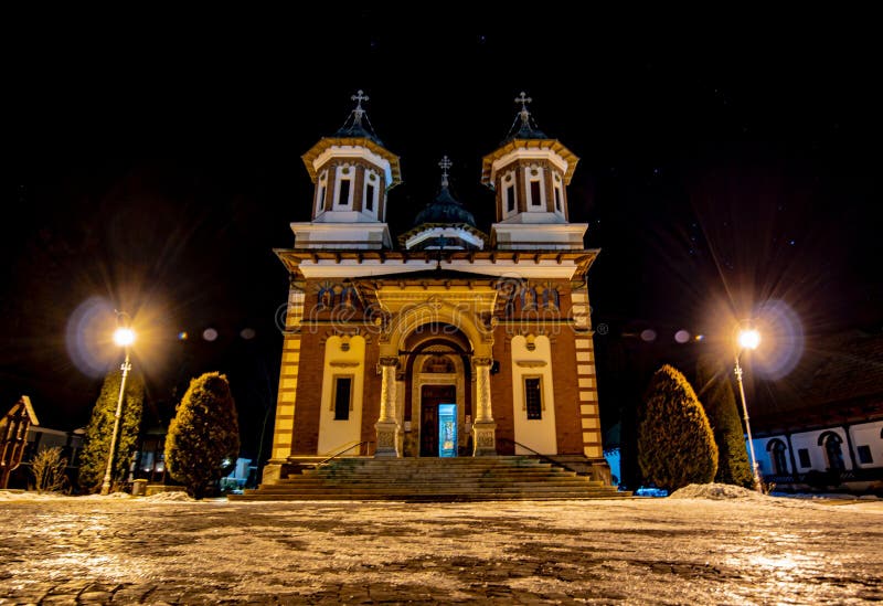 Night View of the Illuminated Sinaia Monastery Stock Photo - Image of ...