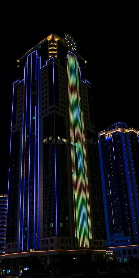 Night View of the Illuminated Skyscrapers in the Grozny-City Complex ...