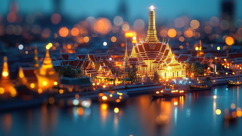 Night View of a Temple Complex with a Pathway and Water Feature Stock ...