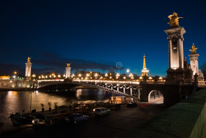Night View on Iluminated Bridge in Paris France Stock Photo - Image of ...