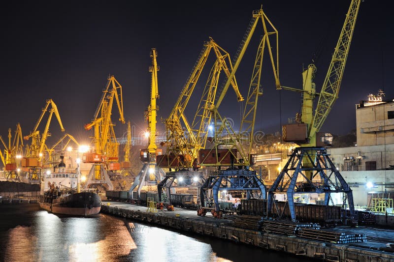 Night View of the Industrial Port and Ship Stock Image - Image of ...