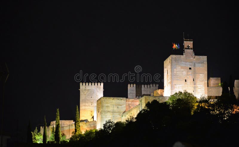 Night View of La Alhambra. Grenada Stock Image - Image of street, green ...