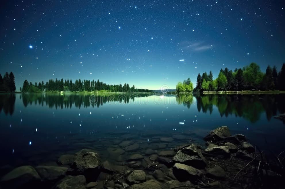 Night View of a Lake Reflecting Stars Stock Image - Image of view ...
