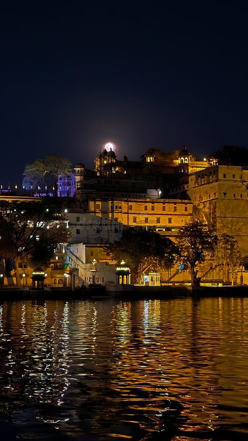 Night View by the Lake in Udaipur, India Stock Photo - Image of travel ...