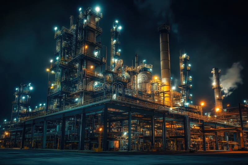 Nighttime View Industrial Facility Illuminated Structures Equipment ...