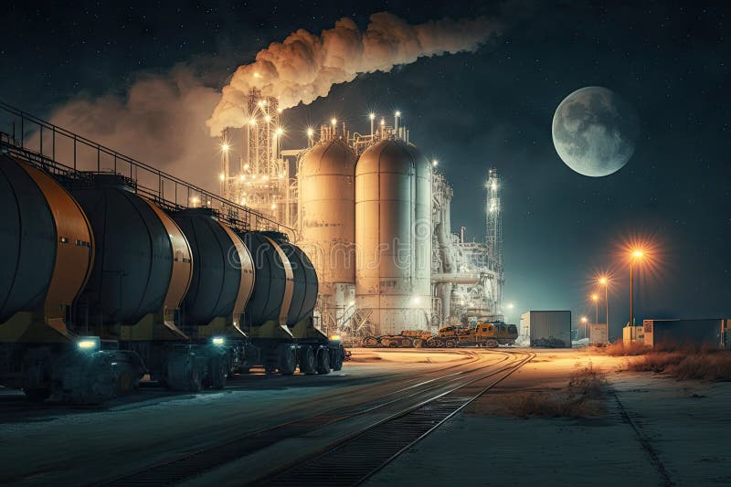 Night View of Large Oil Tanks and Tractors in Refinery Complex Stock ...