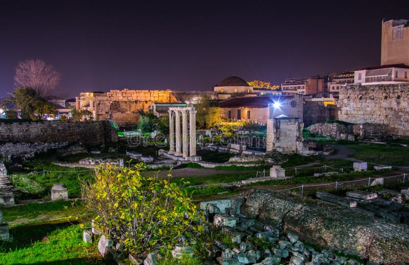 Night View of the Library of Hadrian in Athens - Greece...IMAGE Stock ...