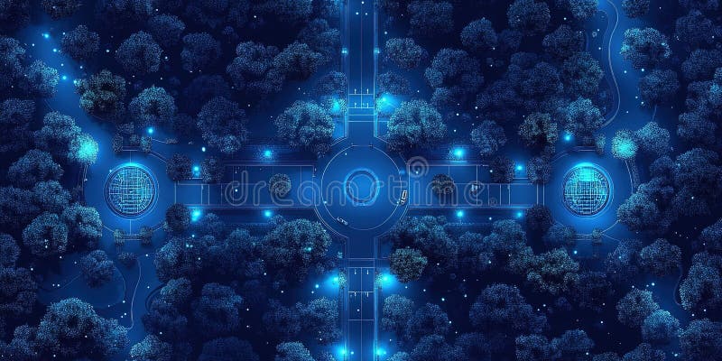 Night View of a Lit Circular Intersection Surrounded by Trees and Soft ...