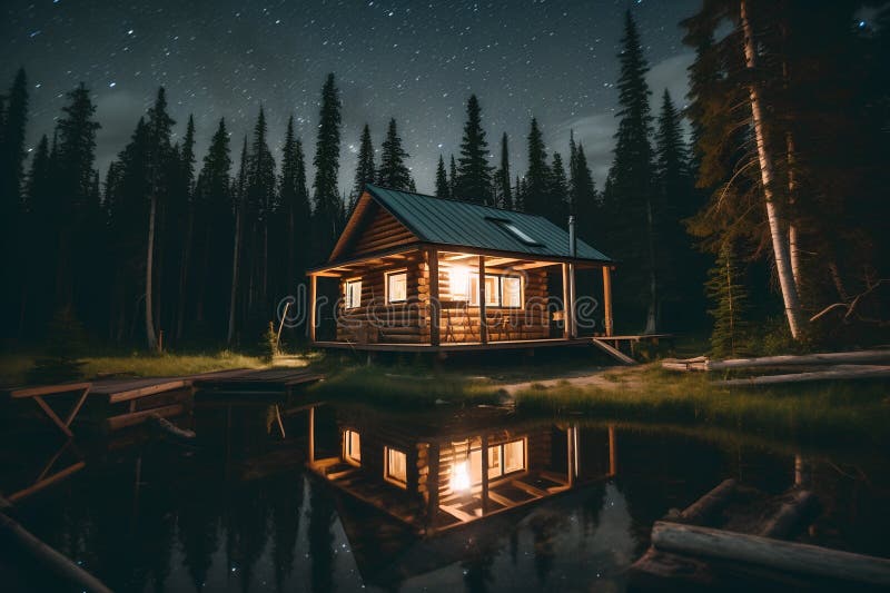 Night View of a Log Cabin on a Lake in the Forest. Stock Illustration ...