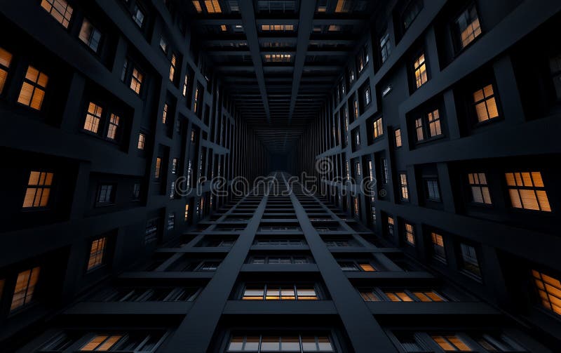 Night View Looking Up through Dark Urban Buildings Creating Dramatic ...