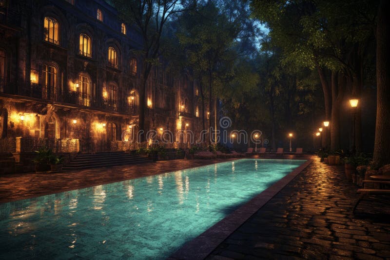 A Night View of a Luxurious Villa Featuring a Pool and a Lush Garden ...