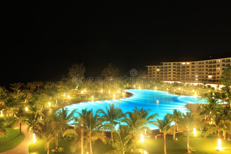 Night View of a Luxury Resort with Huge Swimming Pool Stock Image ...