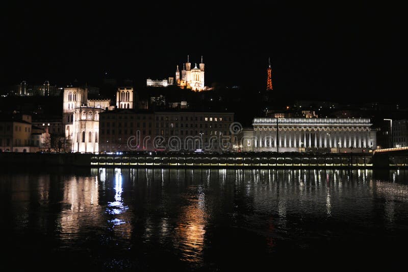 Night View of Lyon Historic Landmarks Reflected in River Stock Photo ...