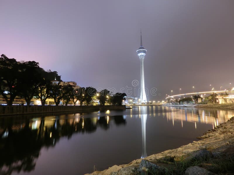 Night View of the Macau-Taipa Bridge and Tower Stock Image - Image of ...