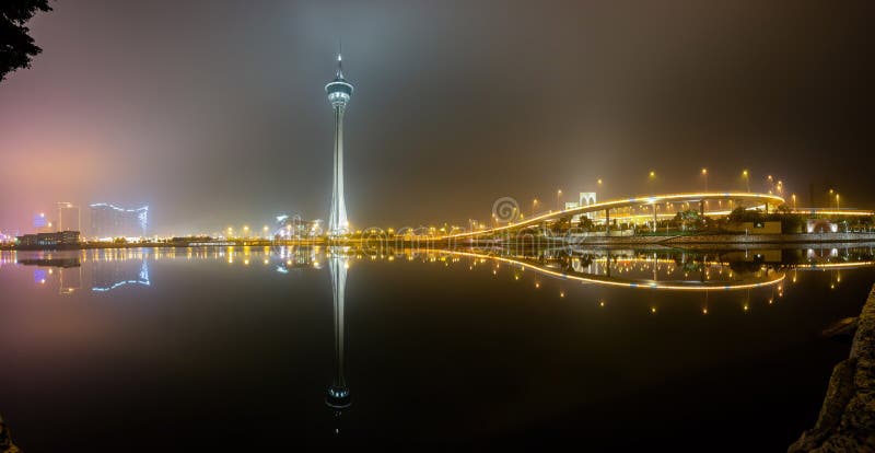 Night View of the Macau-Taipa Bridge and Tower Stock Image - Image of ...