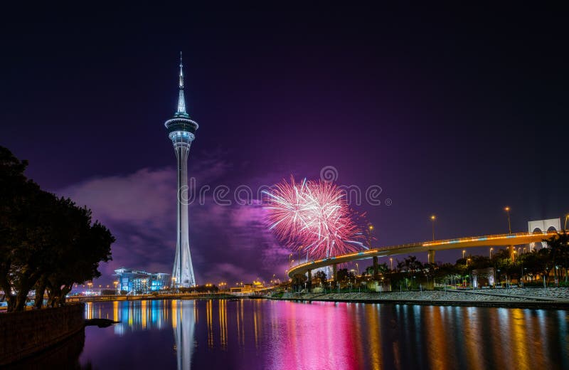 Night View of the Macau Tower with New Year Fireworks Stock Image ...