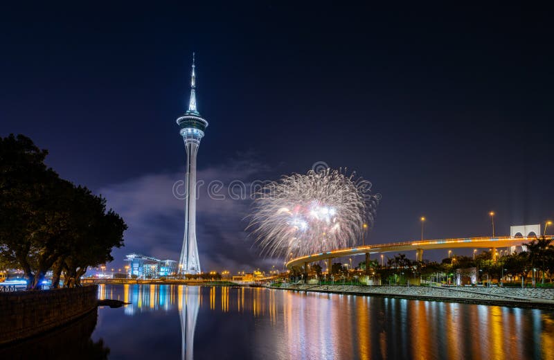 Night View of the Macau Tower with New Year Fireworks Stock Photo ...