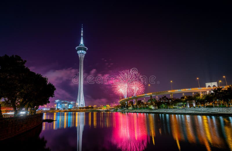 Night View of the Macau Tower with New Year Fireworks Stock Photo ...