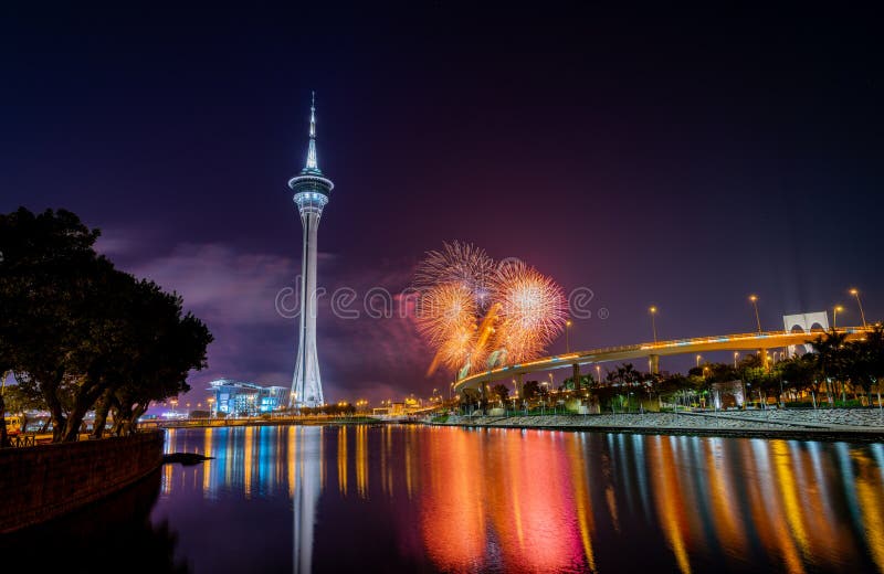 Night View of the Macau Tower with New Year Fireworks Stock Photo ...