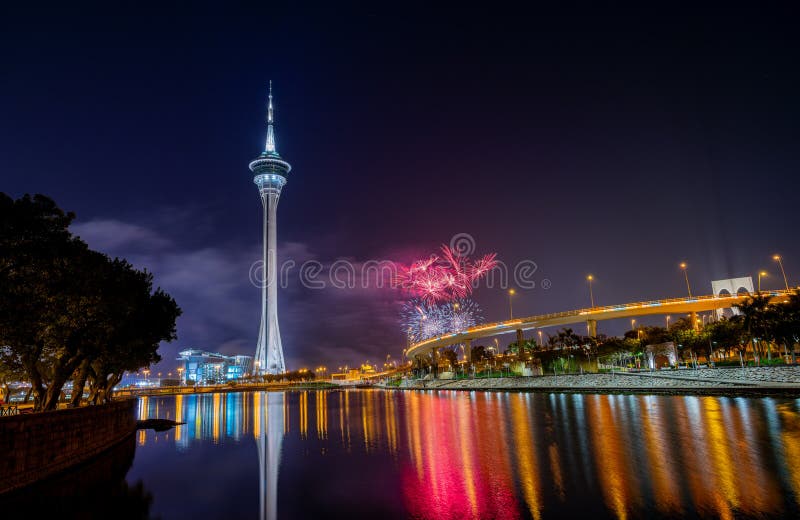 Night View of the Macau Tower with New Year Fireworks Stock Photo ...