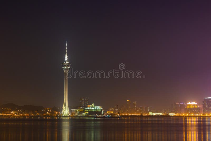Night View of the Macau Tower and Skyline Editorial Stock Image - Image of macao, water: 244344544
