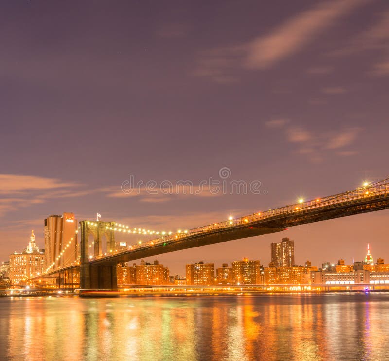 Night View of Manhattan and Brooklyn Bridge Stock Image - Image of ...