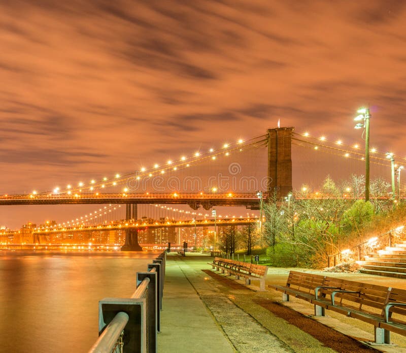 Night View of Manhattan and Brooklyn Bridge Stock Photo - Image of ...
