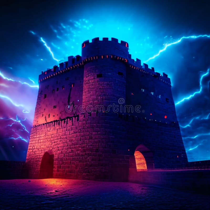 Night View of the Medieval Castle with Lightning in the Sky. 3d ...