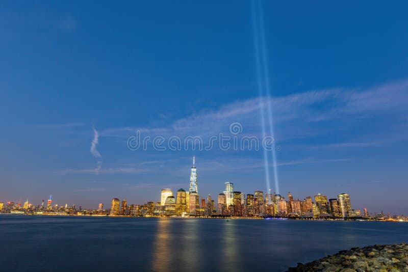 Night View of the 911 Memorial Light and the New York City Skyline ...