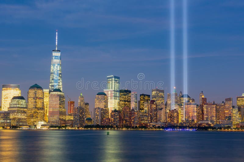 Night View of the 911 Memorial Light and the New York City Skyline ...