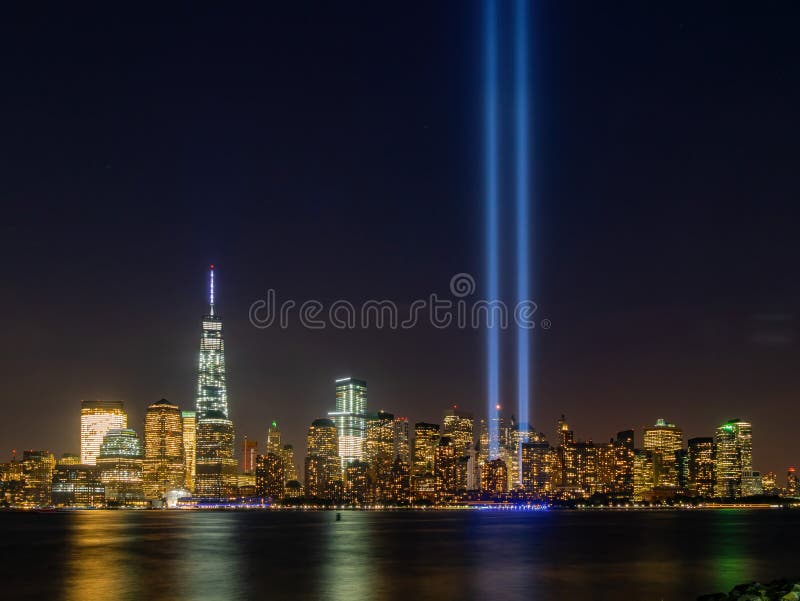 Night View of the 911 Memorial Light and the New York City Skyline ...