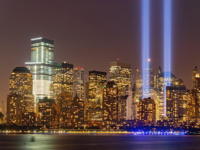 Night View of the 911 Memorial Light and the New York City Skyline ...