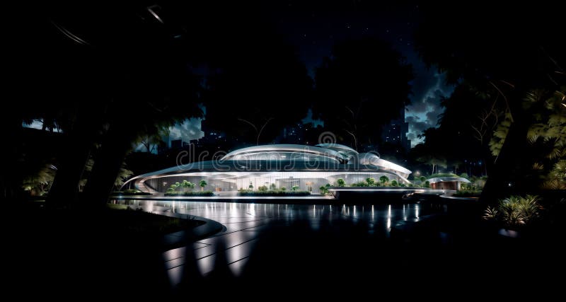 Night View of a Modern Futuristic Complex with Illuminated Domes ...