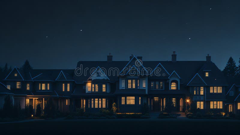 A Night View of a Modern Home in the Countryside. Stock Illustration ...