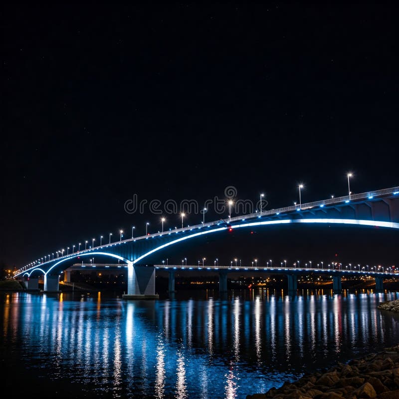 Night View of Modern Road Bridge with LED Lights - AI Stock ...