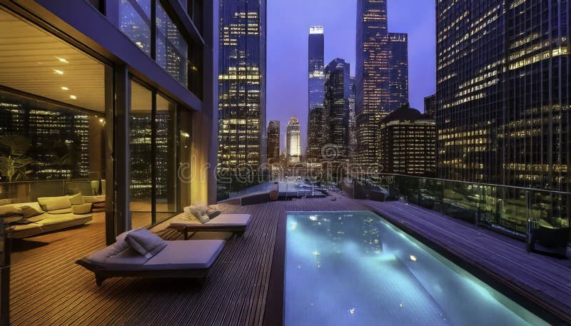 Night View of a Modern Rooftop Infinity Pool with Lounge Chairs Stock ...