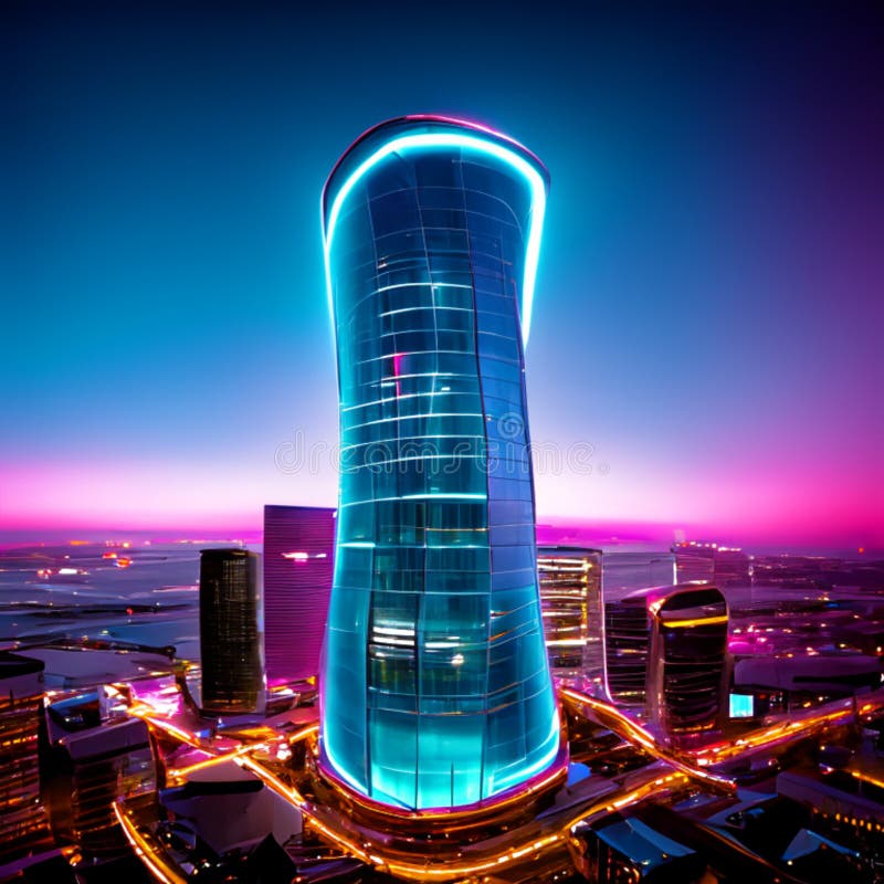 Night View of a Modern Skyscraper with Lights. 3d Rendering Generative ...