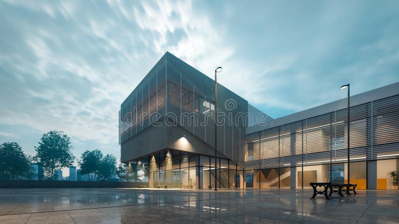 Night View of a Modern Two-story Building on a Cloudy Day after Rain ...