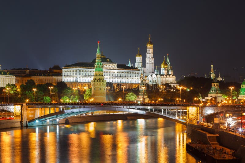 Night View of Moscow Kremlin in Russia Stock Photo - Image of cupolas ...