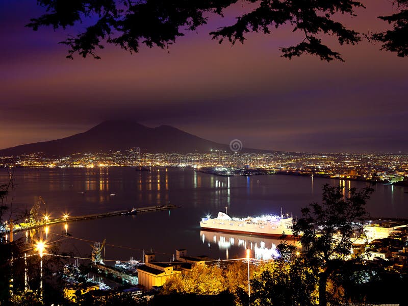 Night View of Naples and Mount Vesuvius from the Panoramic Road Stock ...