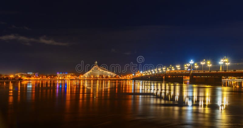 Night View of the National Library in Riga Across the Daugava River ...