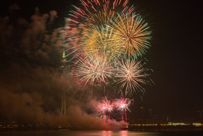 Night View of the New Year Fireworks Over Macau Tower Stock Image ...