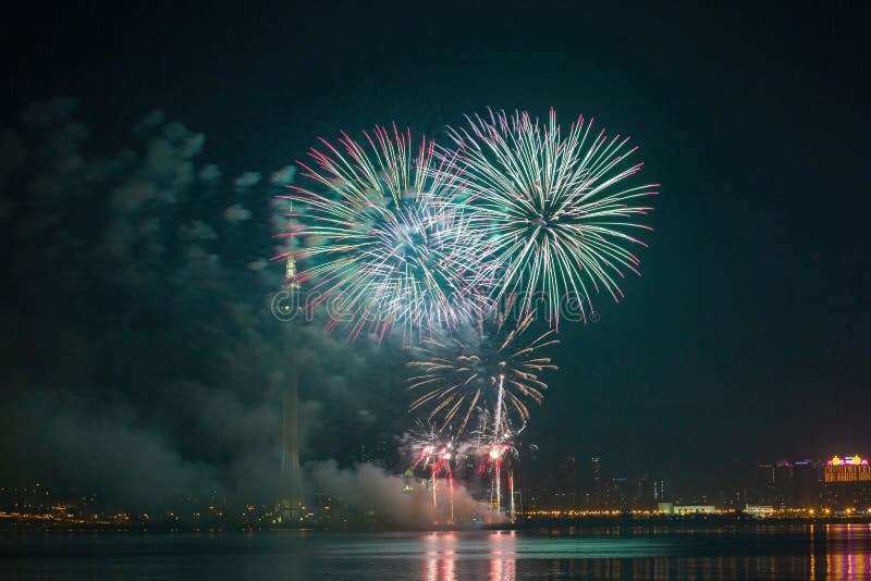 Night View of the New Year Fireworks Over Macau Tower Stock Photo ...