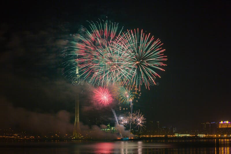 Night View of the New Year Fireworks Over Macau Tower Stock Image ...