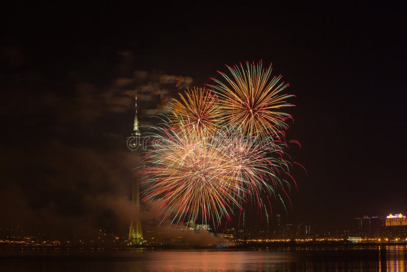 Night View of the New Year Fireworks Over Macau Tower Stock Image ...