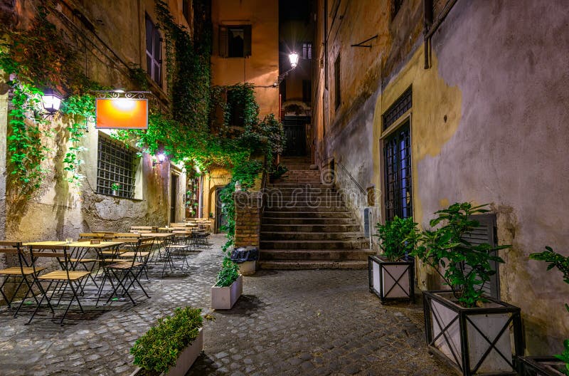 Night View of Old Cozy Street in Rome Stock Photo - Image of building ...