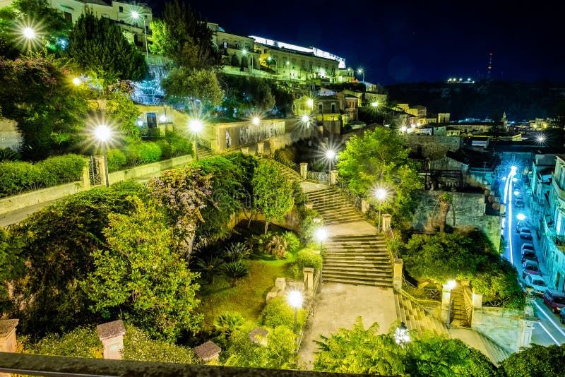 Night View of the Old Town Centre of Baroque Modica, Sicily Stock Photo ...