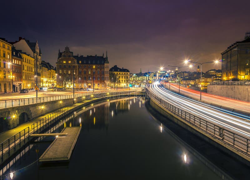 Night View of Old Town, Stockholm. Stock Image - Image of water, house ...